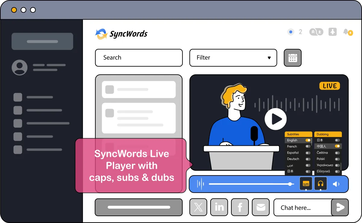 Live Captioning, Subtitling & AI Dubbing Inside SyncWords Embeddable Player